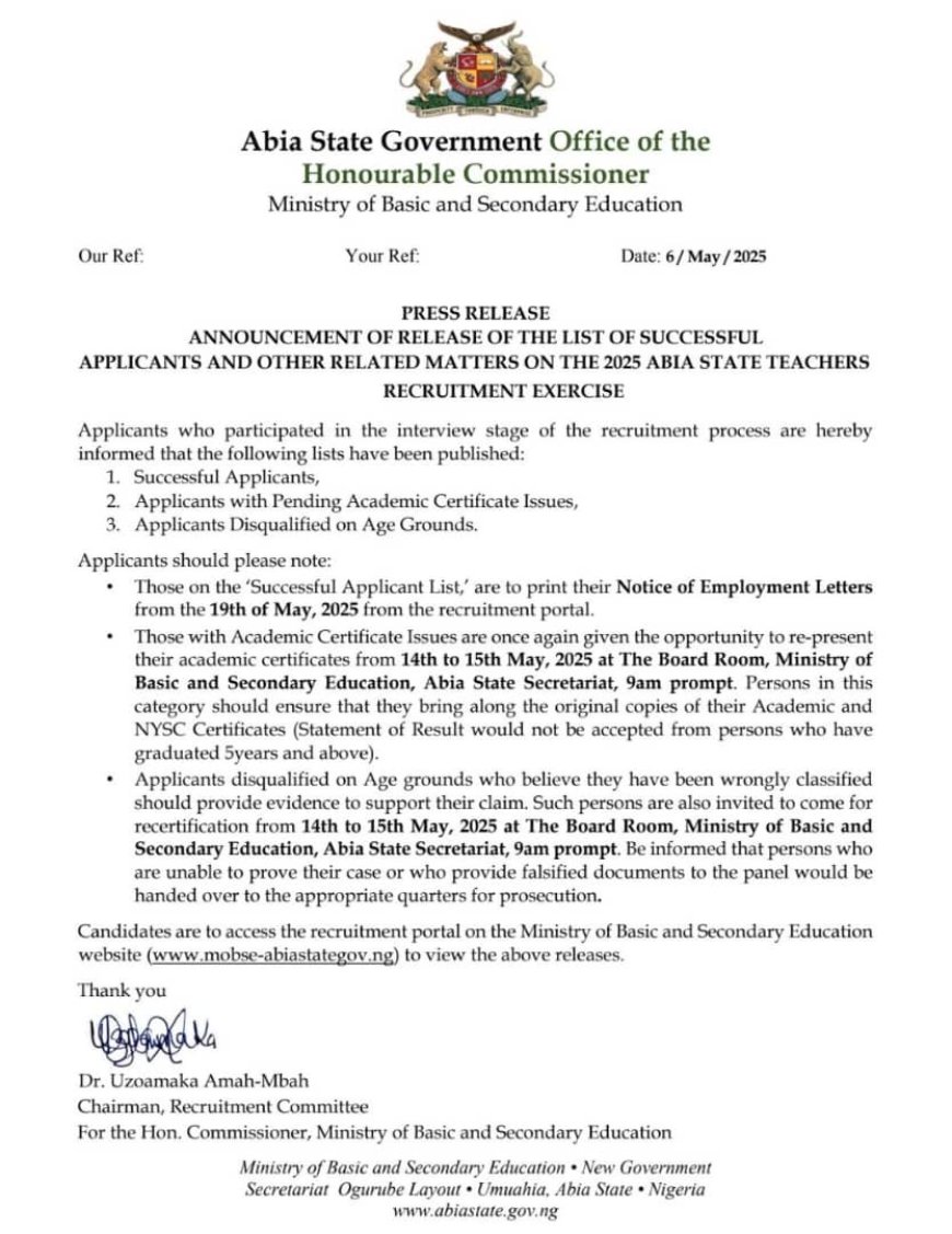 Abia State Releases 2025 Teachers Recruitment List, Appointment Letters ...